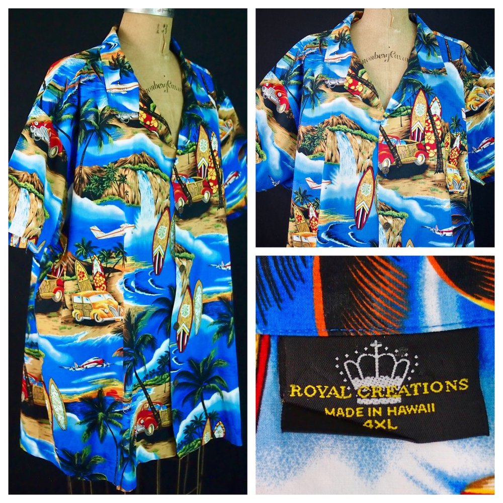 Royal Creations Surfboard Woody Hawaiian Shirt Euc - Gem